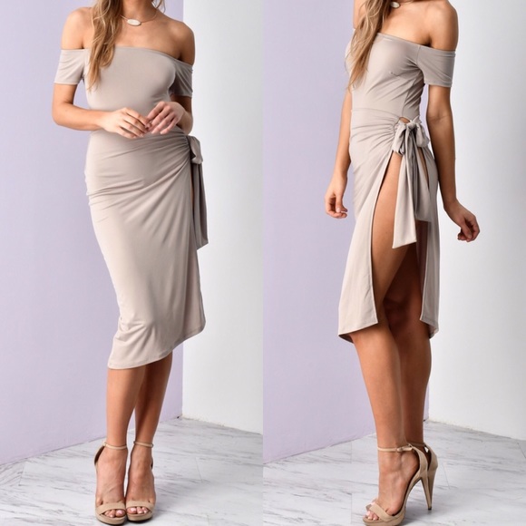 Dresses | Hp Elise Taupe Side Tie Up Midi | Poshmark